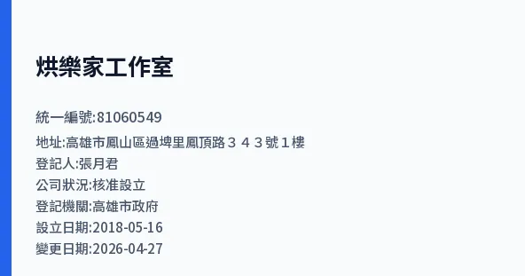烘樂家工作室的照片-統編 81060549(高雄市) 公司登記資料與營業項目詳細圖表