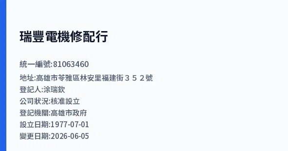 瑞豐電機修配行的照片-統編 81063460(高雄市) 公司登記資料與營業項目詳細圖表