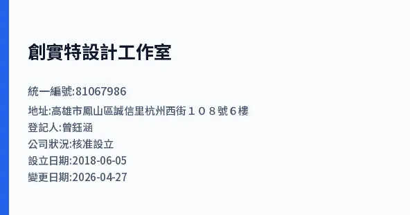 創實特設計工作室的照片-統編 81067986(高雄市) 公司登記資料與營業項目詳細圖表