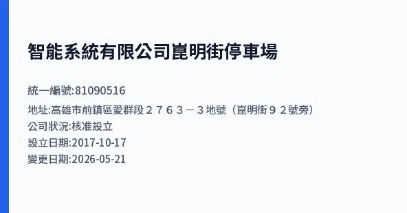 智能系統有限公司崑明街停車場的照片-統編 81090516(高雄市) 公司登記資料與營業項目詳細圖表