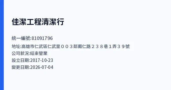 佳潔工程清潔行的照片-統編 81091796(高雄市) 公司登記資料與營業項目詳細圖表