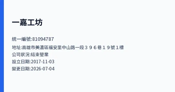一嘉工坊的照片-統編 81094787(高雄市) 公司登記資料與營業項目詳細圖表