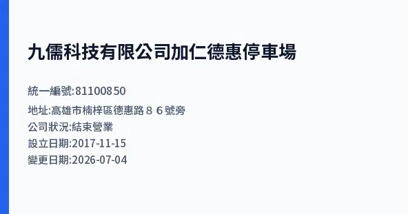 九儒科技有限公司加仁德惠停車場的照片-統編 81100850(高雄市) 公司登記資料與營業項目詳細圖表