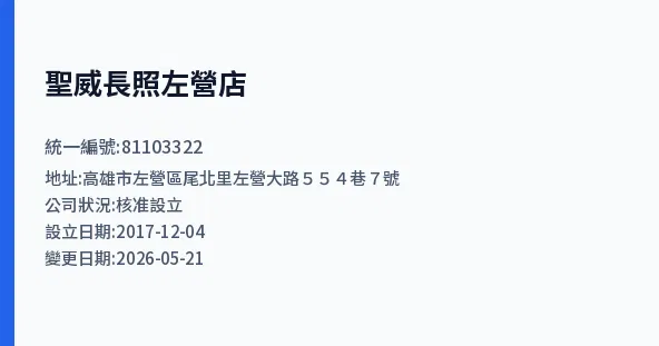 聖威長照左營店的照片-統編 81103322(高雄市) 公司登記資料與營業項目詳細圖表
