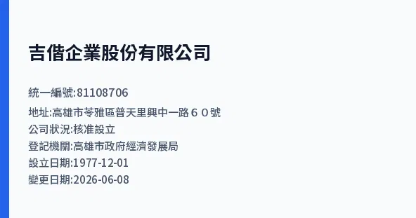 吉偕企業股份有限公司的照片-統編 81108706(高雄市) 公司登記資料與營業項目詳細圖表