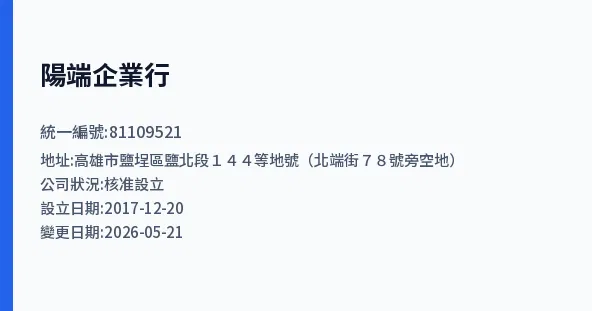 陽端企業行的照片-統編 81109521(高雄市) 公司登記資料與營業項目詳細圖表