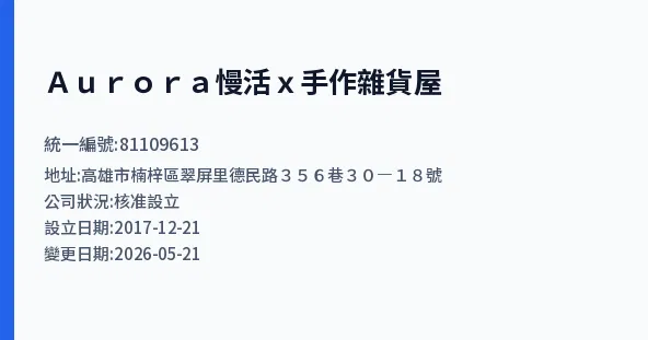 Aurora慢活x手作雜貨屋的照片-統編 81109613(高雄市) 公司登記資料與營業項目詳細圖表