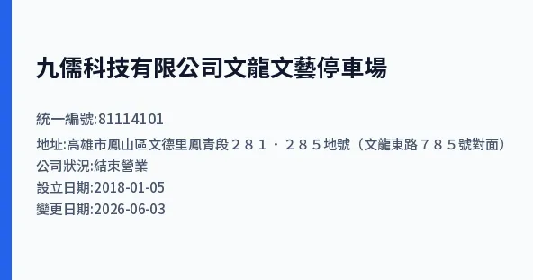 九儒科技有限公司文龍文藝停車場的照片-統編 81114101(高雄市) 公司登記資料與營業項目詳細圖表