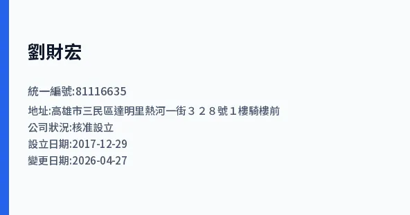劉財宏的照片-統編 81116635(高雄市) 公司登記資料與營業項目詳細圖表