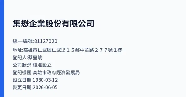 集懋企業股份有限公司的照片-統編 81127020(高雄市) 公司登記資料與營業項目詳細圖表
