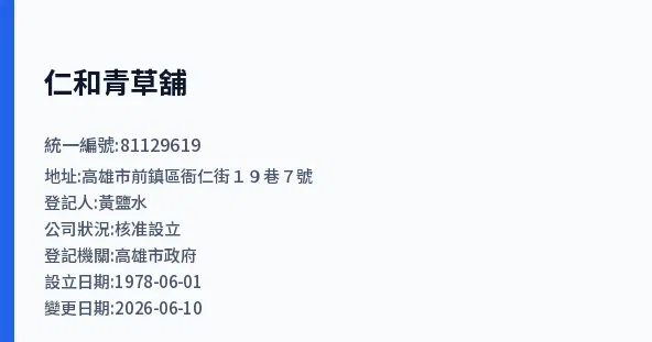 仁和青草舖的照片-統編 81129619(高雄市) 公司登記資料與營業項目詳細圖表