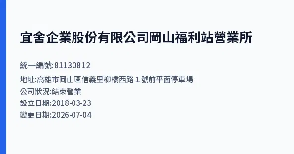 宜舍企業股份有限公司岡山福利站營業所的照片-統編 81130812(高雄市) 公司登記資料與營業項目詳細圖表