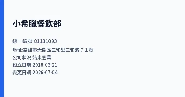 小希臘餐飲部的照片-統編 81131093(高雄市) 公司登記資料與營業項目詳細圖表