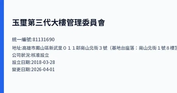 玉璽第三代大樓管理委員會的照片-統編 81131690(高雄市) 公司登記資料與營業項目詳細圖表