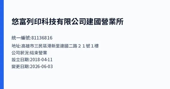 悠富列印科技有限公司建國營業所的照片-統編 81136816(高雄市) 公司登記資料與營業項目詳細圖表