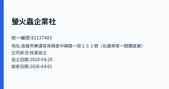 螢火蟲企業社的照片-統編 81137483(高雄市) 公司登記資料與營業項目詳細圖表