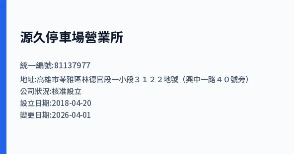 源久停車場營業所的照片-統編 81137977(高雄市) 公司登記資料與營業項目詳細圖表