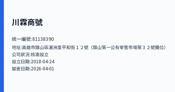 川霖商號的照片-統編 81138390(高雄市) 公司登記資料與營業項目詳細圖表
