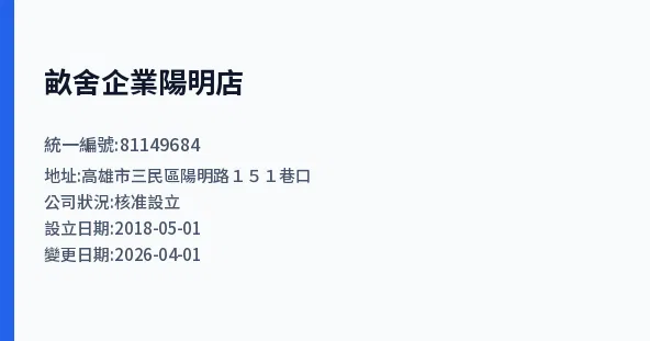 畝舍企業陽明店的照片-統編 81149684(高雄市) 公司登記資料與營業項目詳細圖表