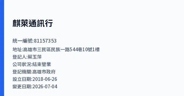 麒萊通訊行的照片-統編 81157353(高雄市) 公司登記資料與營業項目詳細圖表