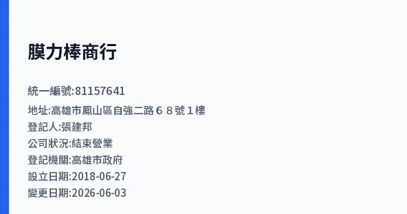 膜力棒商行的照片-統編 81157641(高雄市) 公司登記資料與營業項目詳細圖表