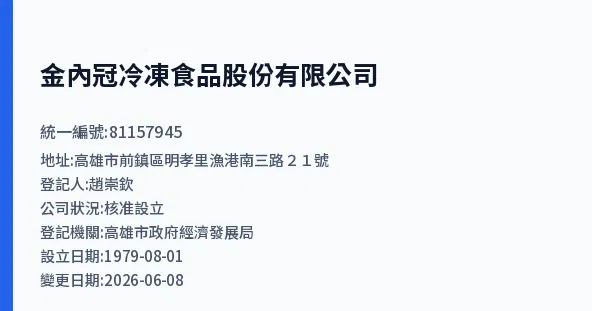 金內冠冷凍食品股份有限公司的照片-統編 81157945(高雄市) 公司登記資料與營業項目詳細圖表