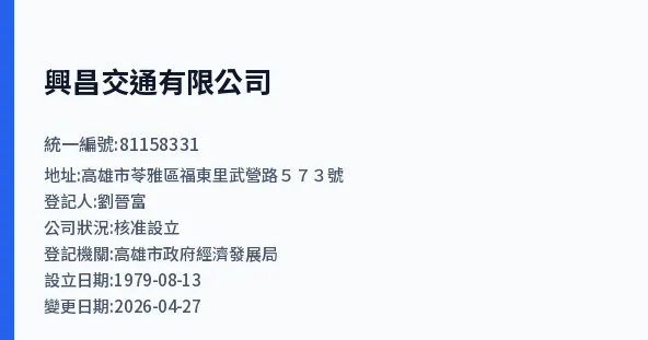 興昌交通有限公司的照片-統編 81158331(高雄市) 公司登記資料與營業項目詳細圖表