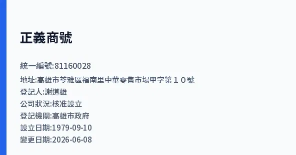 正義商號的照片-統編 81160028(高雄市) 公司登記資料與營業項目詳細圖表