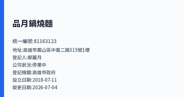 品月鍋燒麵的照片-統編 81163123(高雄市) 公司登記資料與營業項目詳細圖表