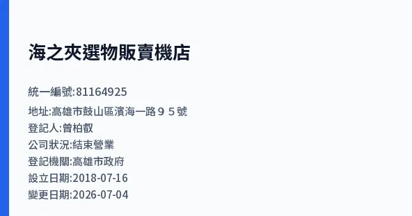 海之夾選物販賣機店的照片-統編 81164925(高雄市) 公司登記資料與營業項目詳細圖表