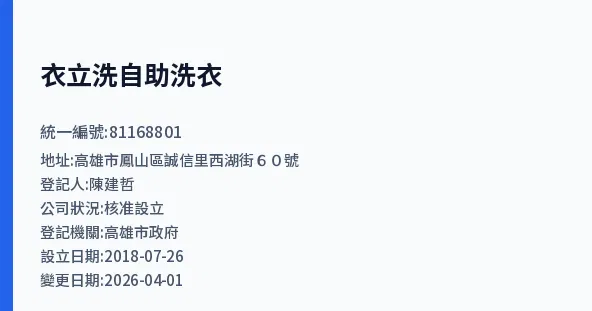 衣立洗自助洗衣的照片-統編 81168801(高雄市) 公司登記資料與營業項目詳細圖表