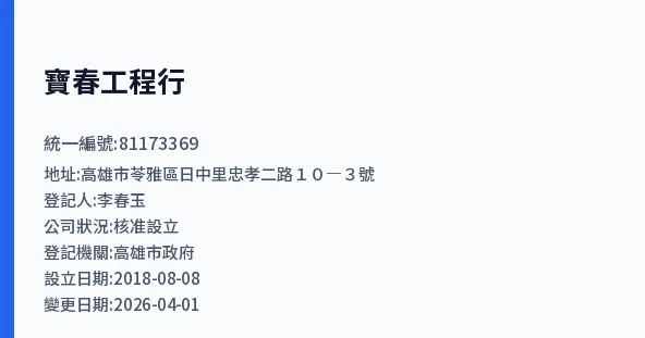寶春工程行的照片-統編 81173369(高雄市) 公司登記資料與營業項目詳細圖表