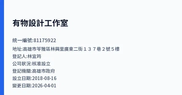 有物設計工作室的照片-統編 81175922(高雄市) 公司登記資料與營業項目詳細圖表