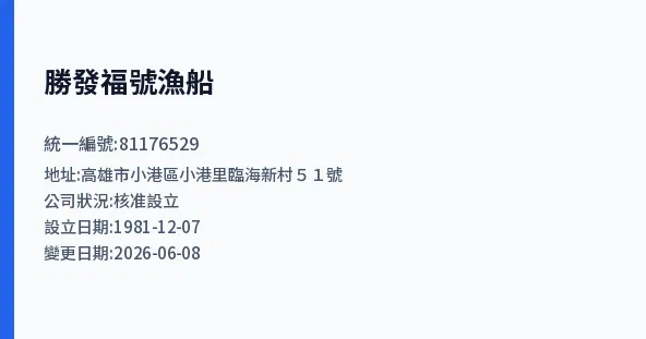 勝發福號漁船的照片-統編 81176529(高雄市) 公司登記資料與營業項目詳細圖表