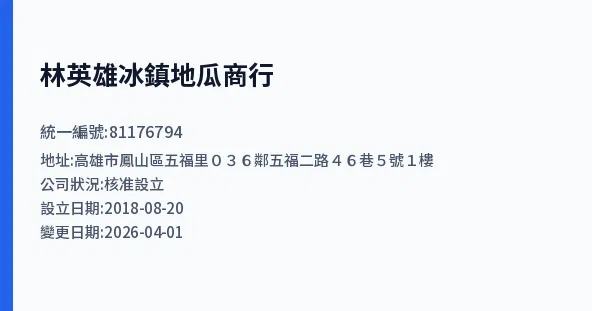 林英雄冰鎮地瓜商行的照片-統編 81176794(高雄市) 公司登記資料與營業項目詳細圖表