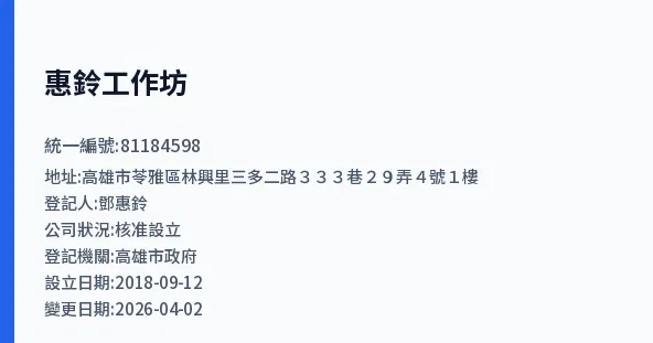 惠鈴工作坊的照片-統編 81184598(高雄市) 公司登記資料與營業項目詳細圖表