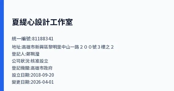 夏緹心設計工作室的照片-統編 81188341(高雄市) 公司登記資料與營業項目詳細圖表