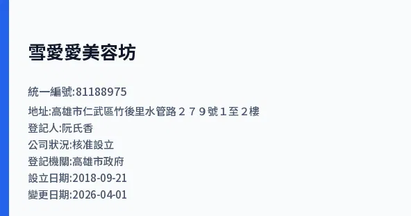 雪愛愛美容坊的照片-統編 81188975(高雄市) 公司登記資料與營業項目詳細圖表
