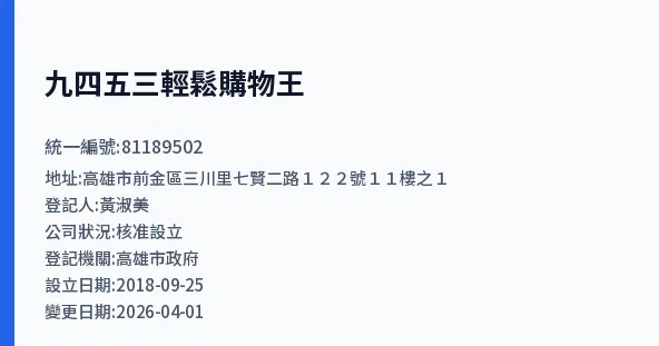 九四五三輕鬆購物王的照片-統編 81189502(高雄市) 公司登記資料與營業項目詳細圖表