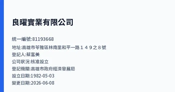 良曜實業有限公司的照片-統編 81193668(高雄市) 公司登記資料與營業項目詳細圖表