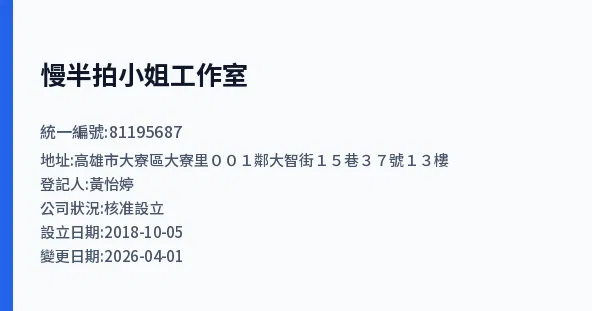 慢半拍小姐工作室的照片-統編 81195687(高雄市) 公司登記資料與營業項目詳細圖表