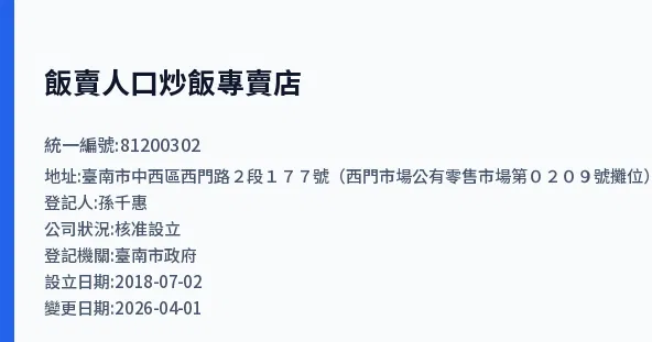 飯賣人口炒飯專賣店的照片-統編 81200302(臺南市) 公司登記資料與營業項目詳細圖表