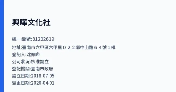 興曄文化社的照片-統編 81202619(臺南市) 公司登記資料與營業項目詳細圖表
