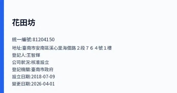 花田坊的照片-統編 81204150(臺南市) 公司登記資料與營業項目詳細圖表