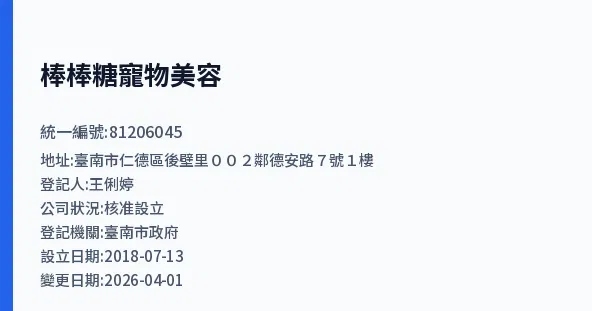 棒棒糖寵物美容的照片-統編 81206045(臺南市) 公司登記資料與營業項目詳細圖表