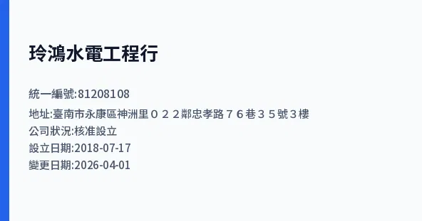 玲鴻水電工程行的照片-統編 81208108(臺南市) 公司登記資料與營業項目詳細圖表