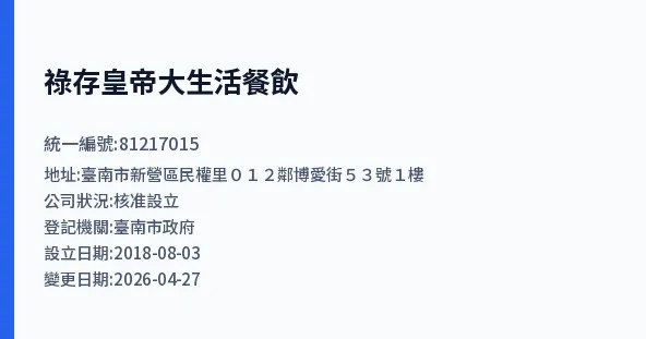 祿存皇帝大生活餐飲的照片-統編 81217015(臺南市) 公司登記資料與營業項目詳細圖表