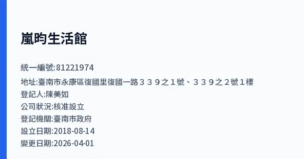 嵐昀生活館的照片-統編 81221974(臺南市) 公司登記資料與營業項目詳細圖表
