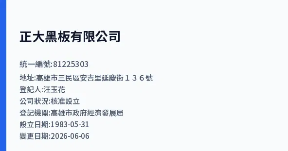 正大黑板有限公司的照片-統編 81225303(高雄市) 公司登記資料與營業項目詳細圖表