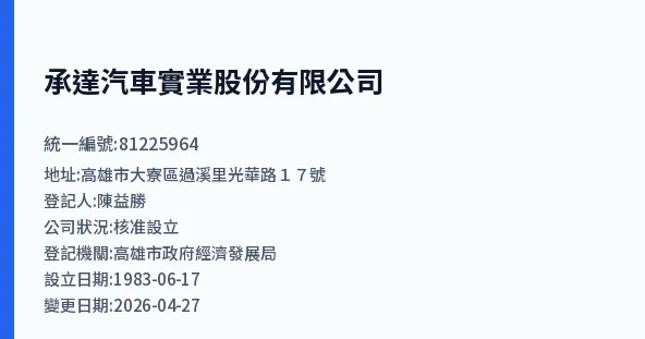 承達汽車實業股份有限公司的照片-統編 81225964(高雄市) 公司登記資料與營業項目詳細圖表